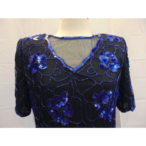 Scala | Tops | Vintage Scala Evening Party Beaded Black Blue Top | Poshmark
